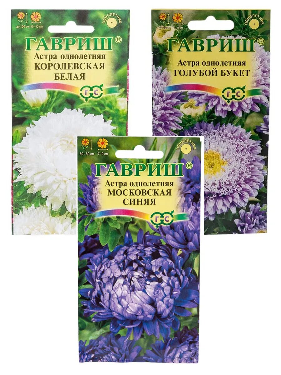 Набор семян Астра Королевская Белая, Голубой Букет и Московская синяя