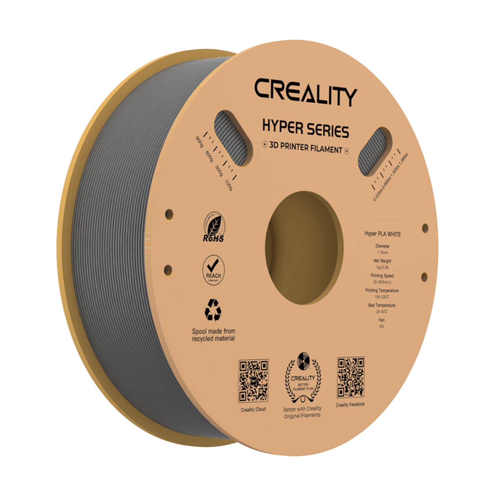 Филамент Creality Hyper PLA 1.75mm 1KG(2.2lb) Точность +/-0.03mm Стандартная катушка - Серый