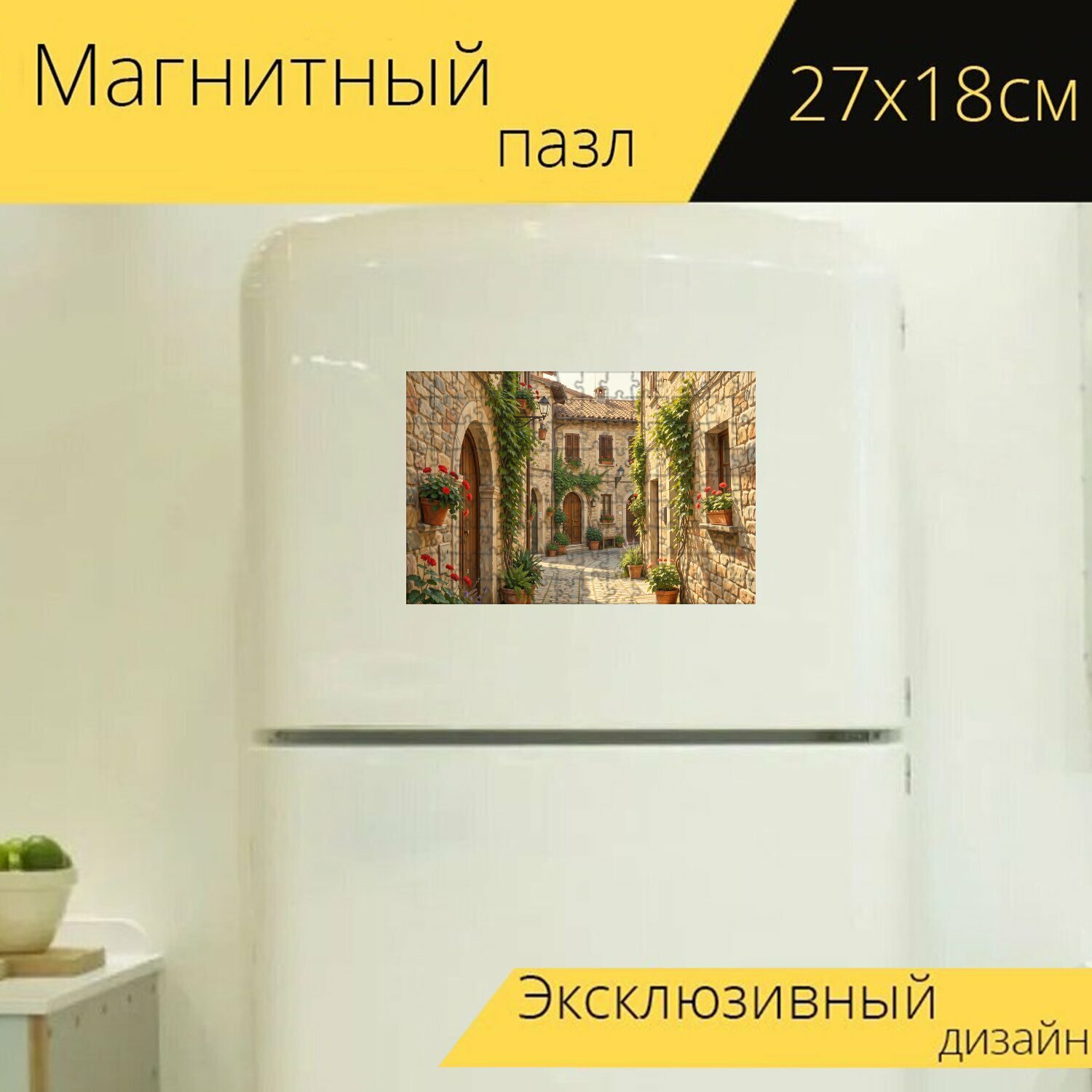 Магнитный пазл "Старинная улочка с цветами. Уютный средиземноморский переулок с каменными домами, мощеной мостовой, деревянными ставнями, вьющимися." на холодильник 27 x 18 см.