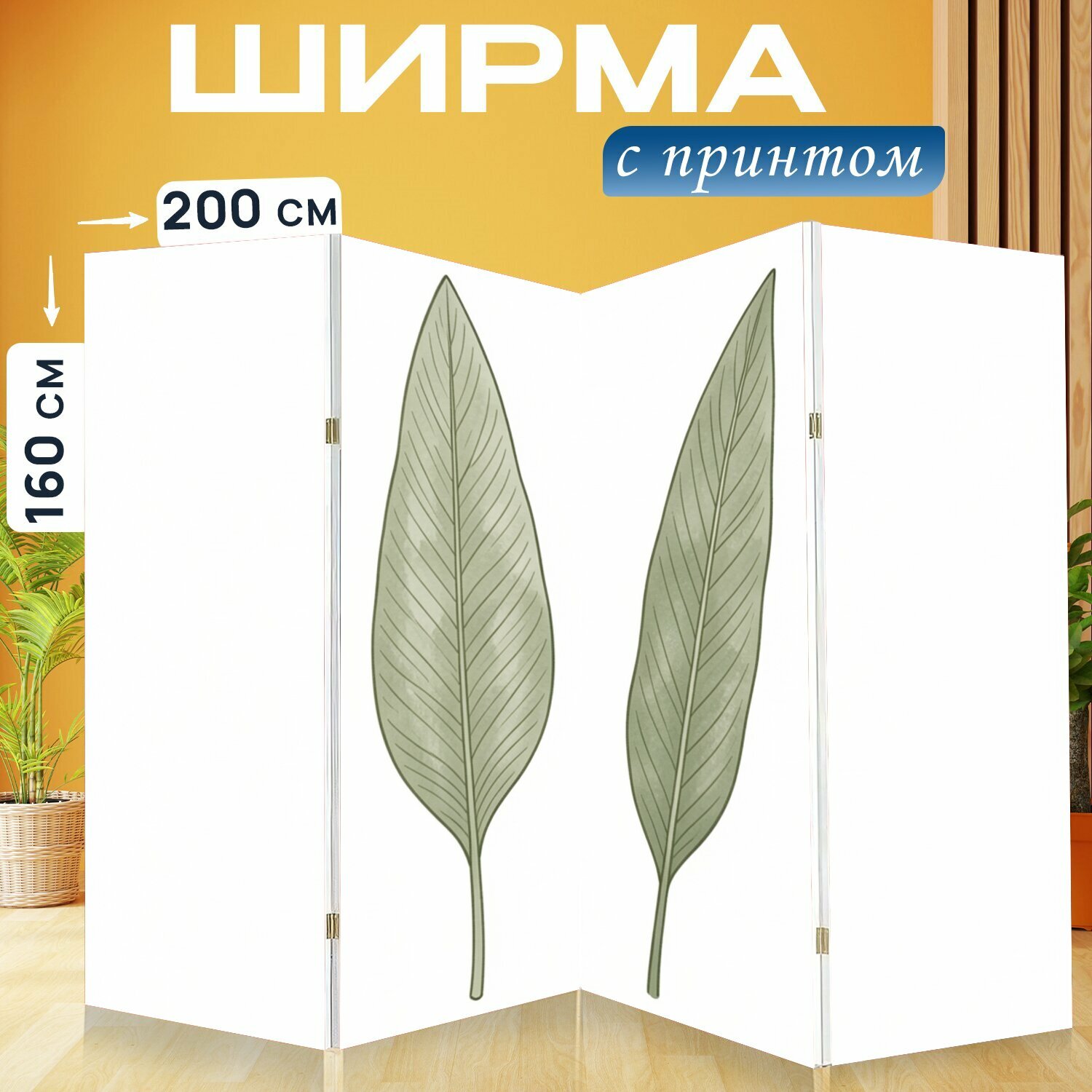 Ширма "Два ботанических зеленых листа. Минималистичная растительная иллюстрация с парой вытянутых ветвей в." перегородка для зонирования комнаты с принтом 200x160 см. на холсте