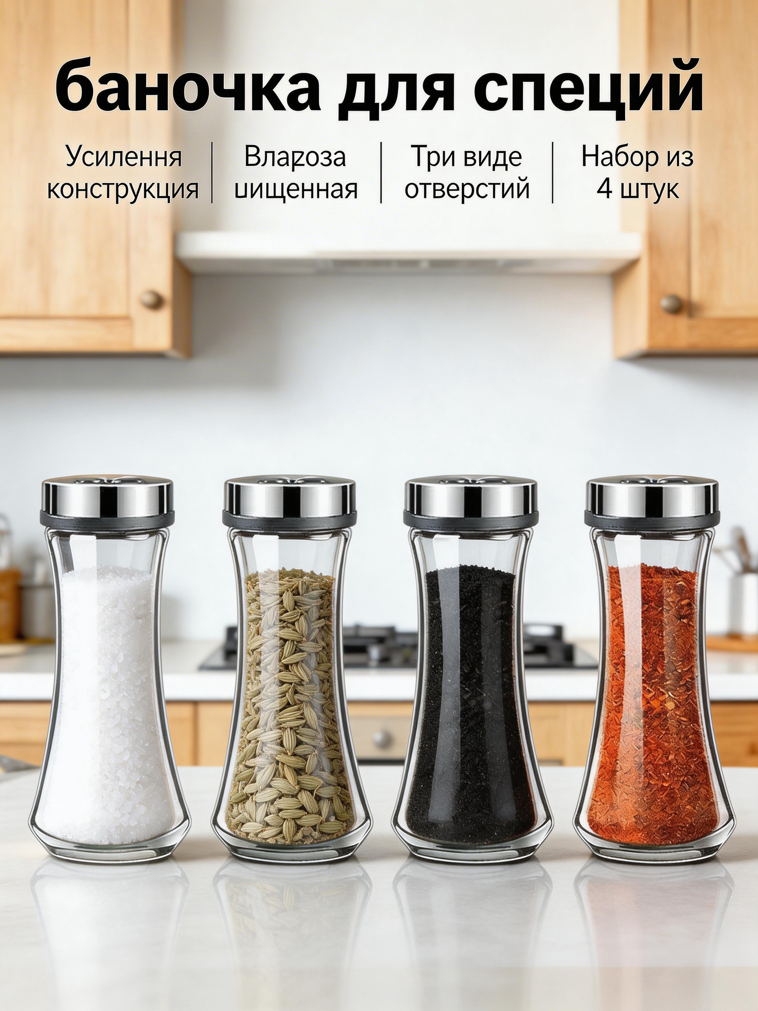 Дозаторы для специй из стекла и нержавеющей стали, поворотные, 4шт, кухонные