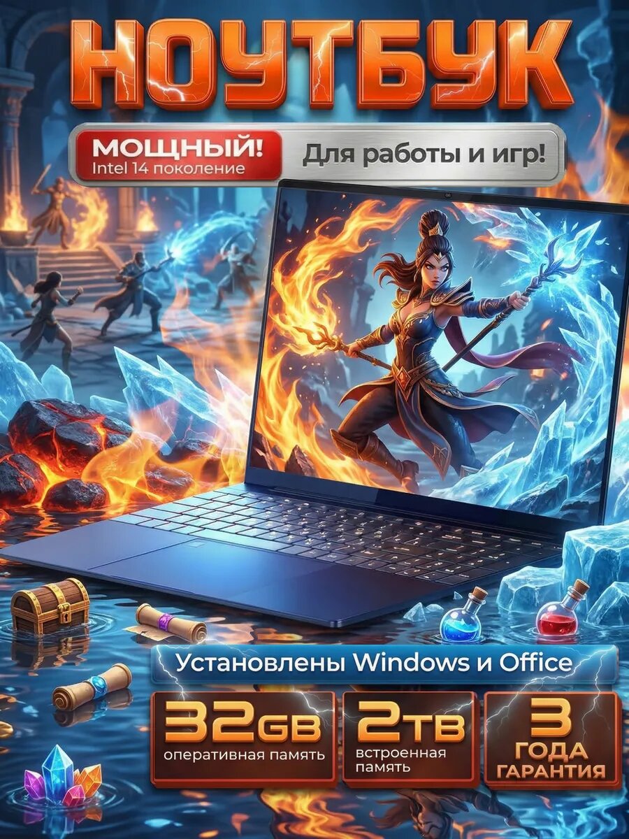Ноутбук игровой 2026 Intel H-series, RAM 32GB, SSD 2048GB, IPS + Windows, Office