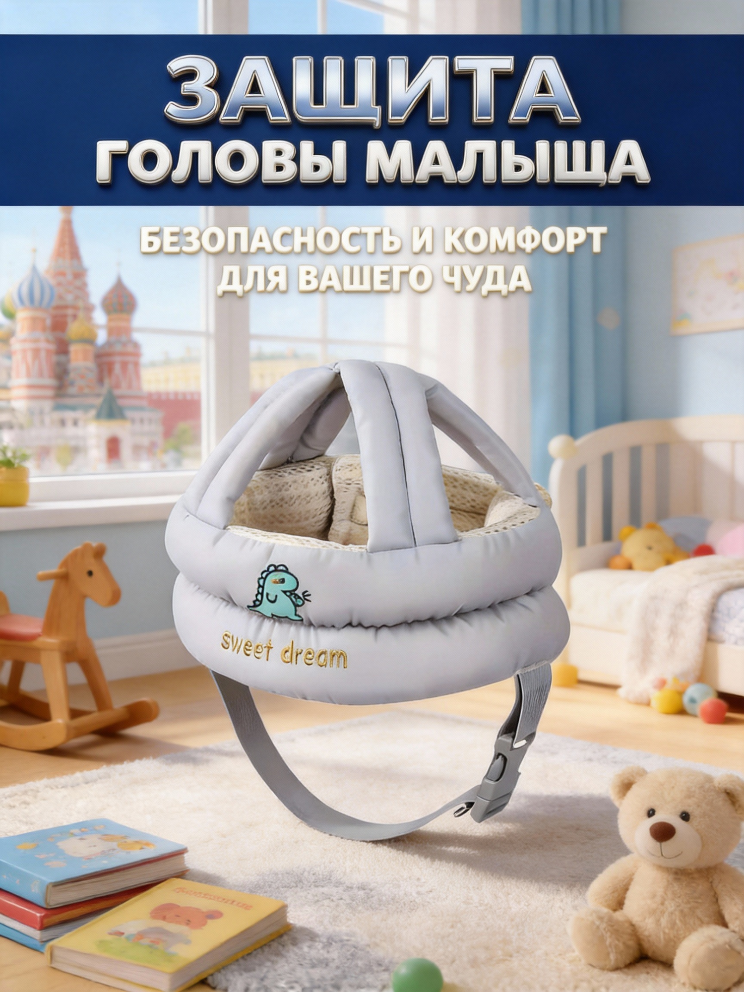 Противоударная шапка-шлем 6 мес–2 года — защита при ползании и первых шагах, с поролоновой подушкой и липучкой.