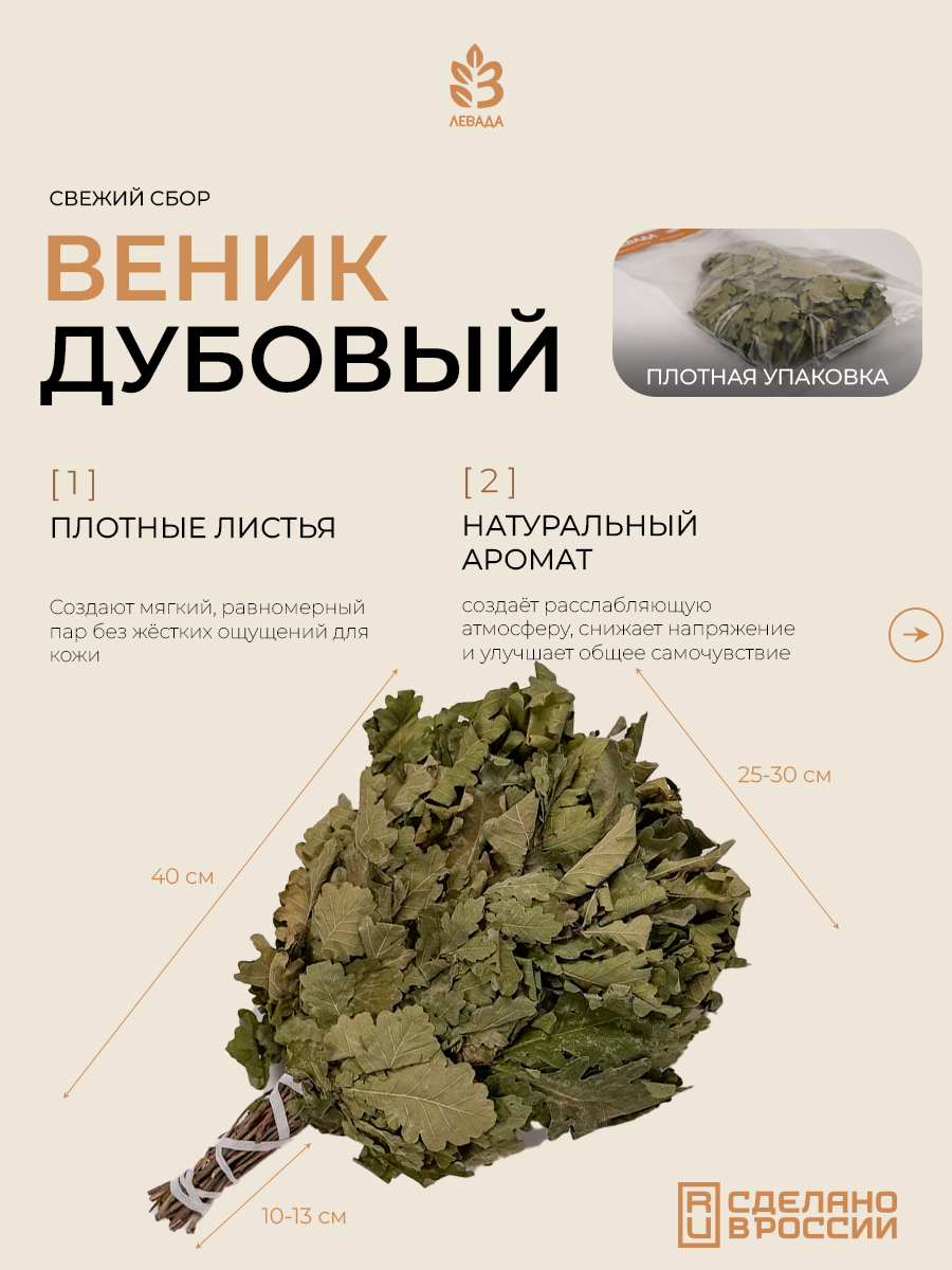 Дубовый веник для бани и сауны Левада натуральный, прочный, для парения, банный аксессуар из дуба, свежий сбор
