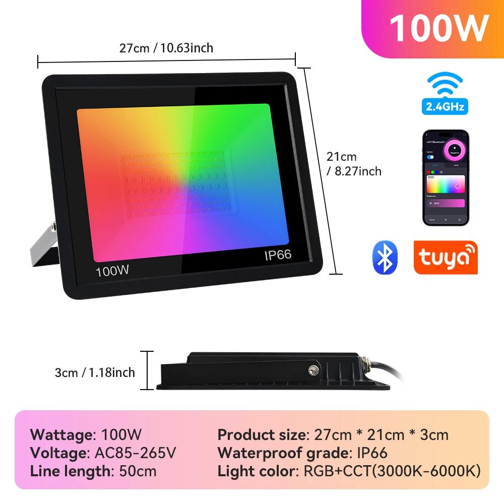 RGB LED Прожектор 100W TUYA, IP66, 2.4GHz