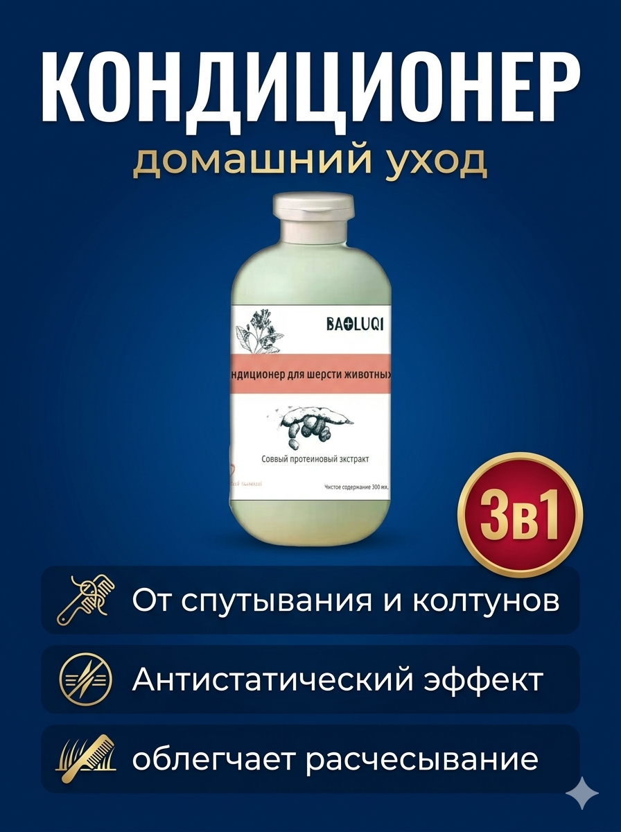 Гипоаллергенный бальзам-кондиционер для собак и кошек всех типов шерсти / Бальзам кондиционер для животных, 300мл
