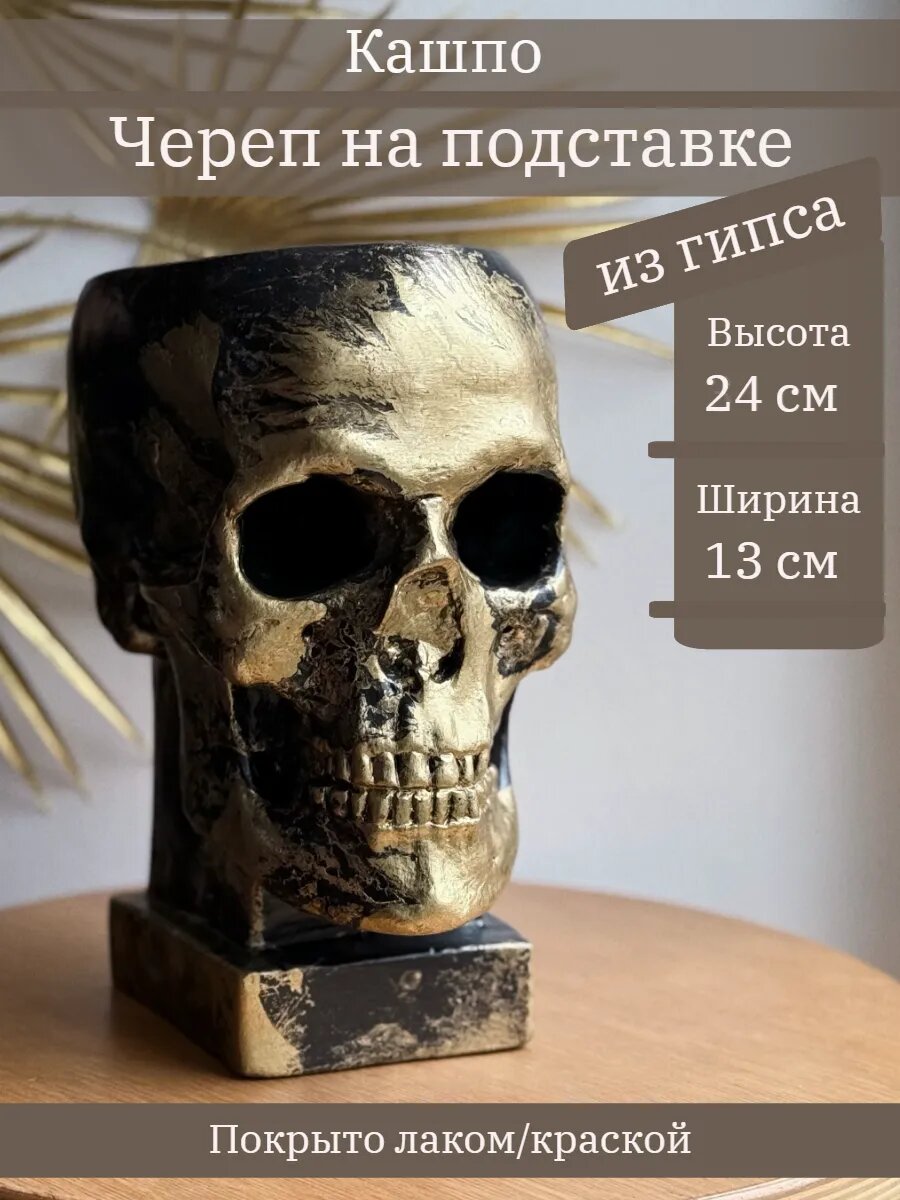 Кашпо Череп слепок с натурального, 24 см, из гипса, ручная работа, в цвете