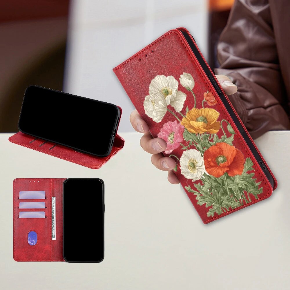 Красный чехол-книжка на Redmi 9C NFC с цветами
