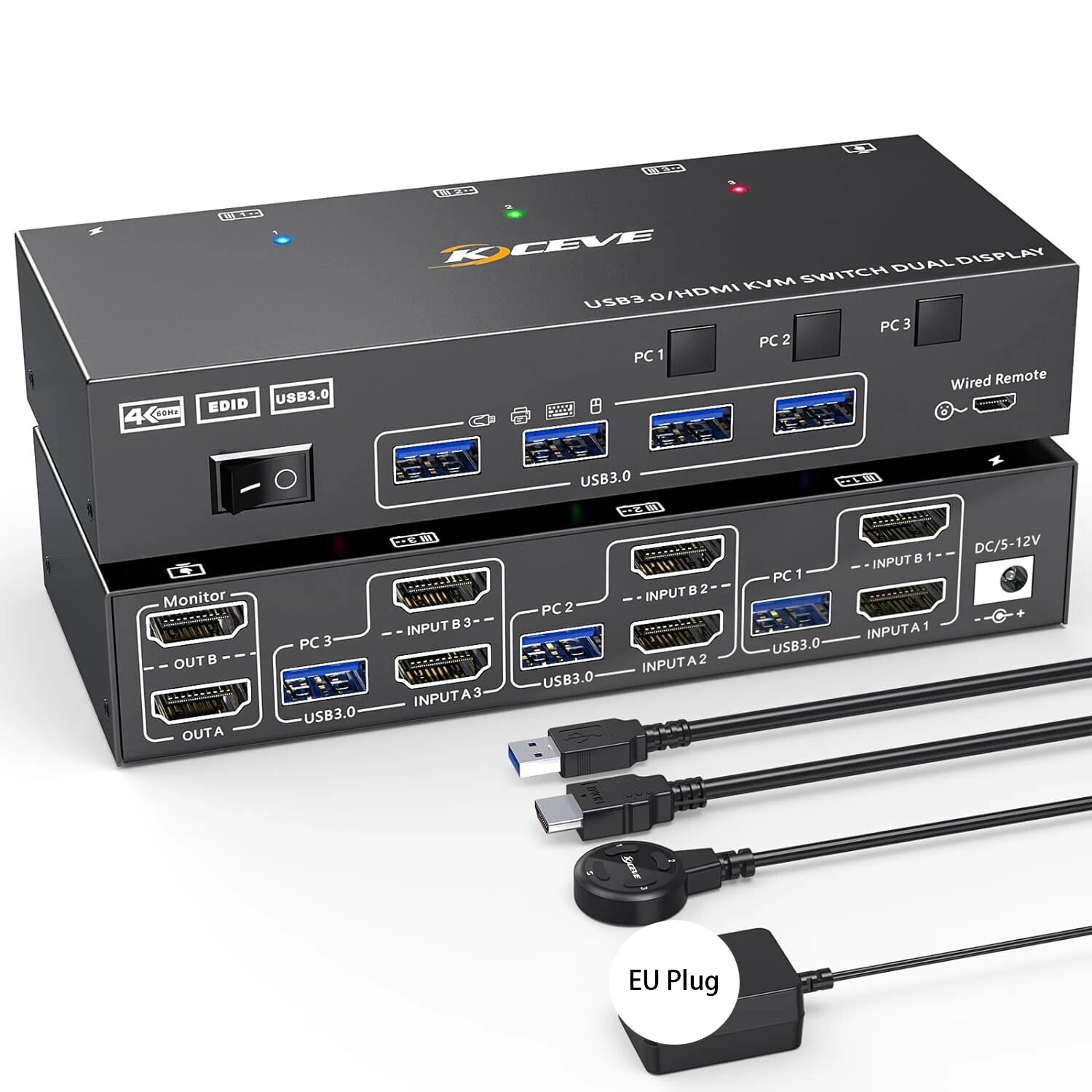 KVM-переключатель 2 монитора, 3 ПК, HDMI, USB 3.0, 4K@60Гц, EU Plug