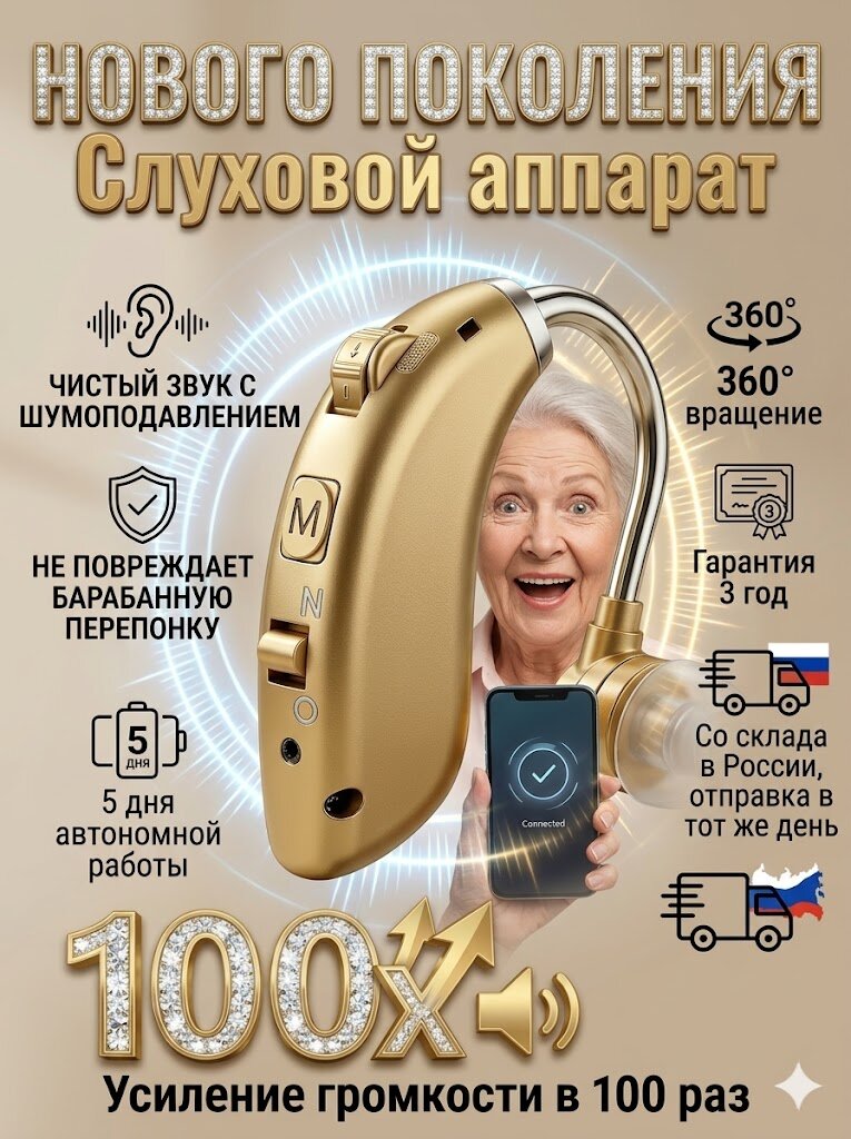 Накладной слуховой прибор с зарядным устройством для пожилых и взрослых
