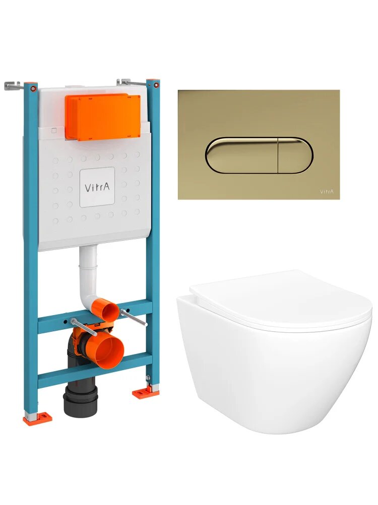 Комплект 4 в 1: Инсталляция VitrA Ви-Фикс Кор (V-Fix Core) 732-5800-01 / Унитаз подвесной STWORKI Кронборг S28401WH безободковый, с микролифтом / Кнопка Рут Раунд (Root Round) 740-2224, золото глянец, Комплект креплений