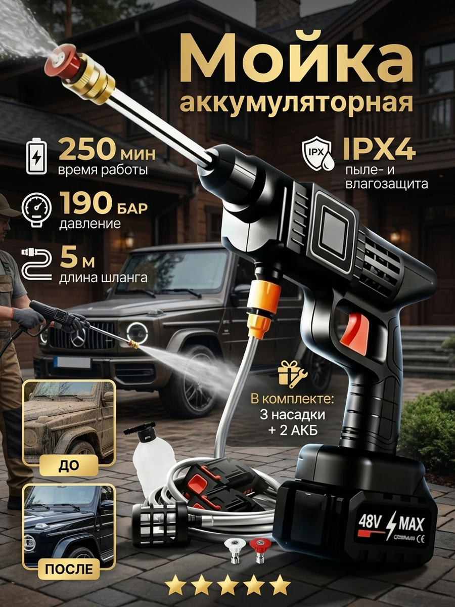 Аккумуляторная автомойка , высокого давления , для автомобиля в кейсе, 2 аккумулятора, минимойка с пенообразователем
