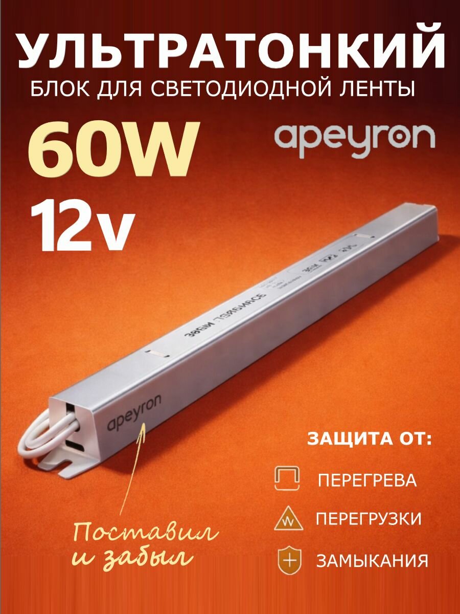 Блок питания для светодиодной ленты 12В, 60Вт, IP20, ультратонкий, 200-264В, 5 А