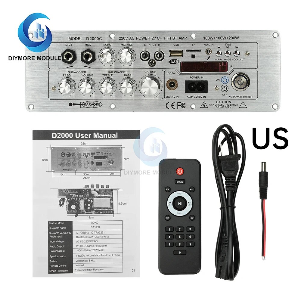 Diymore 2.1-канальный Bluetooth усилитель TPA3221 100Вт+100Вт+200Вт