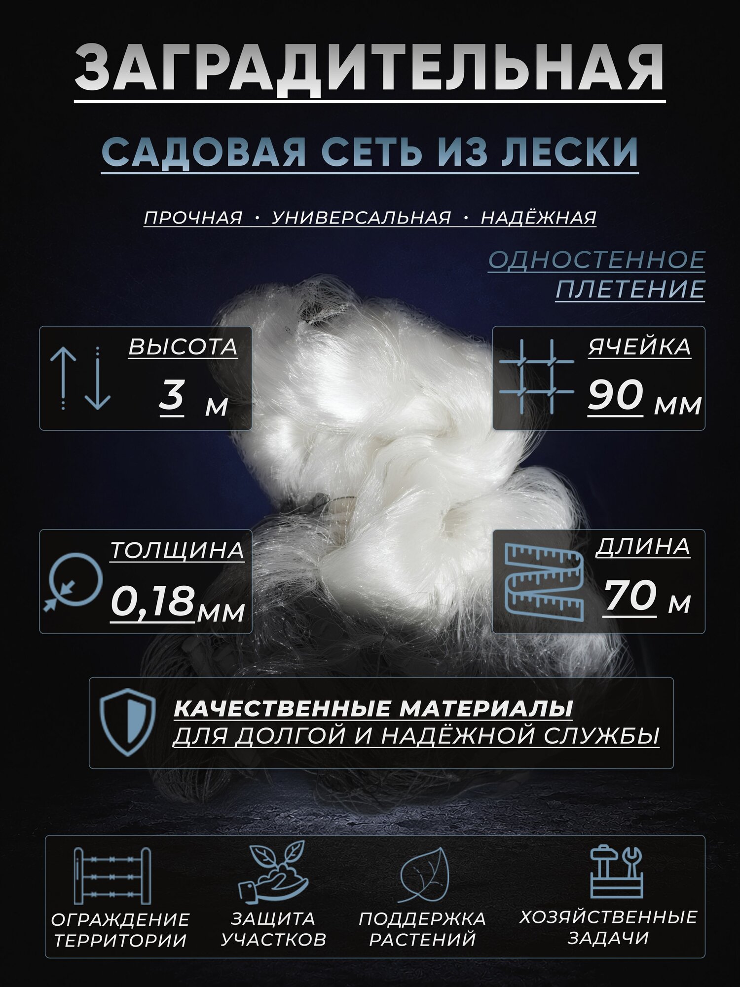 Сетка из лески одностенная, мононить KAIDA 3м, 70м, 90мм