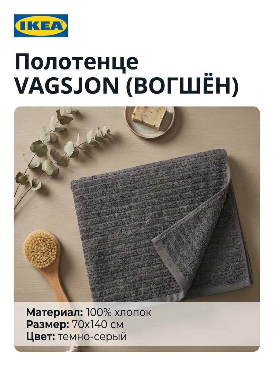 Полотенце IKEA - VAGSJON (вогшён), цвет темно-серый, из хлопка, 70 x 140 см, 1 шт