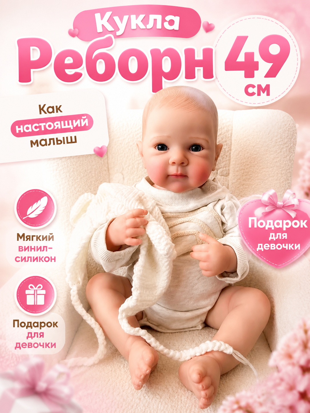 Новорожденная кукла реборн 49 см, реалистичная игрушка для девочки