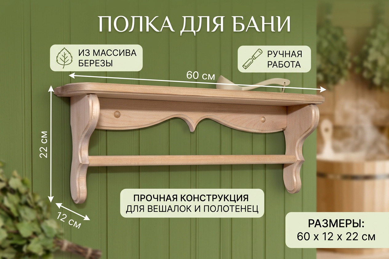 Банная полка, массив березы, ручная работа, сосна, универсальное назначение