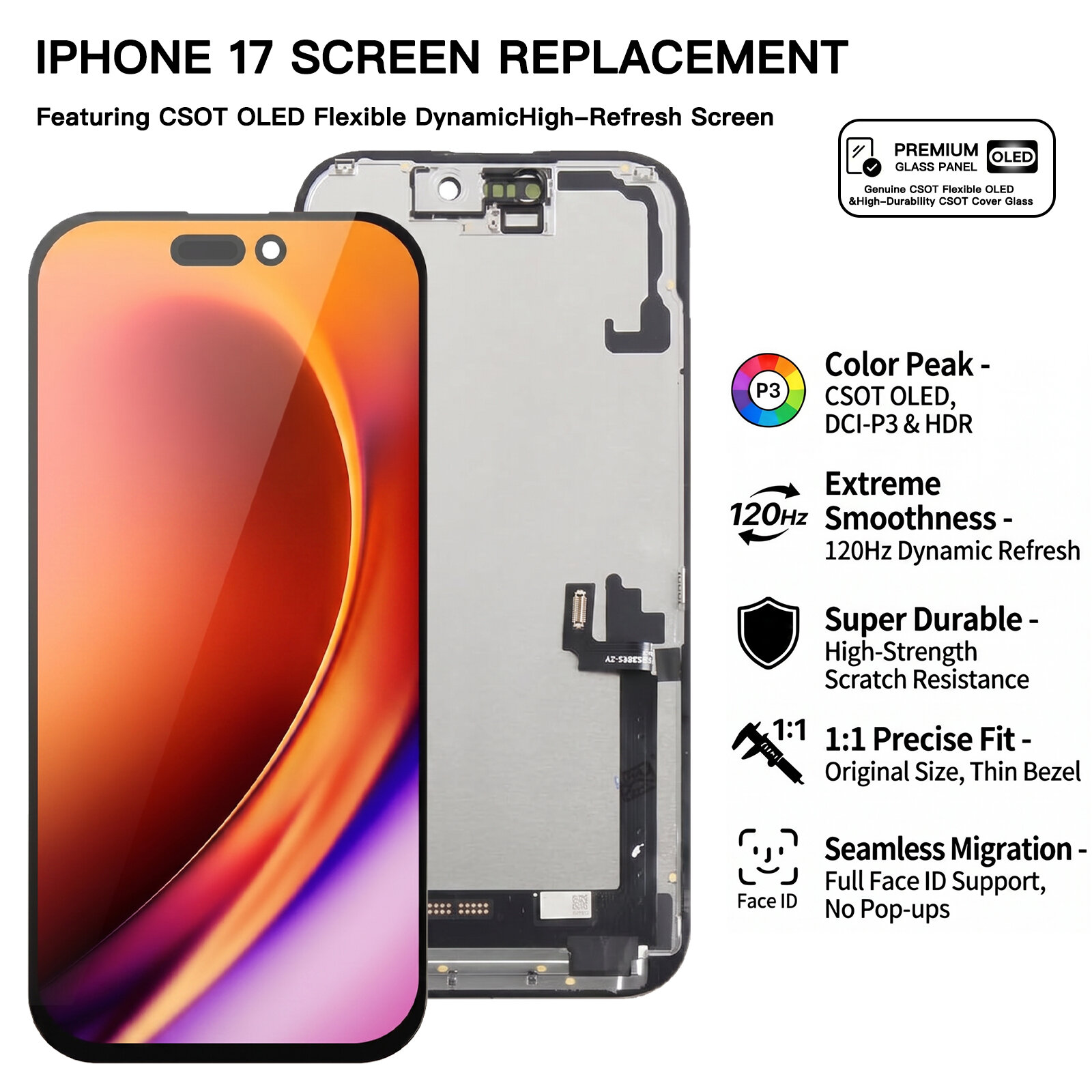 Гибкий OLED-экран-замена для iPhone 17: 120 Гц, рамки 0.9 мм, высший китайский класс