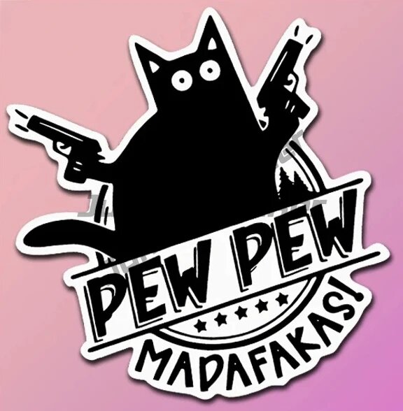 Наклейка на авто: кот с оружием, "Pew Pew", черный, Style018