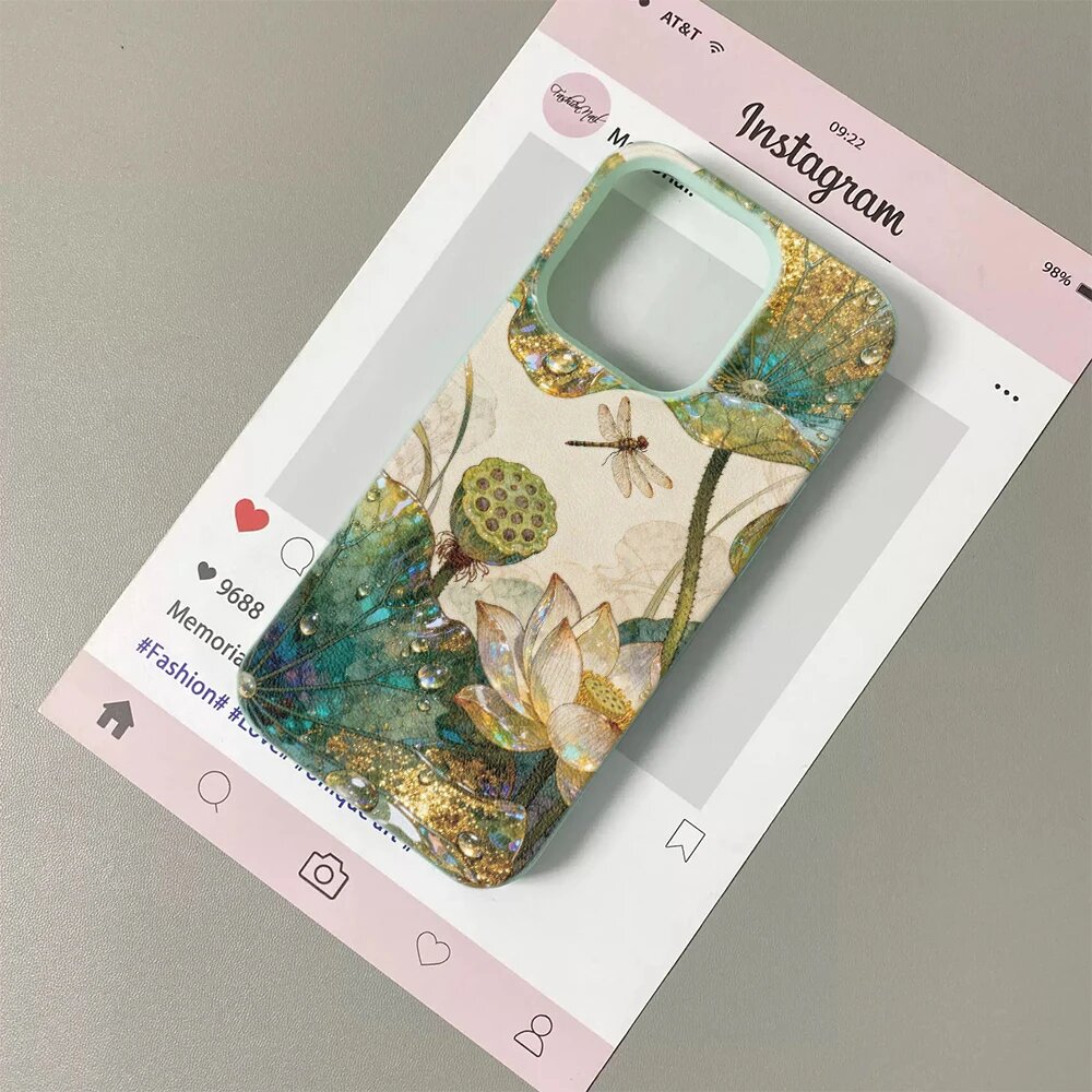 Силиконовый чехол для iPhone 17, 16, 15, 14, 13, 12, 11 Pro Max, iPhone 16 Plus с узором «Золотые листья лотоса» и эффектом масляной живописи