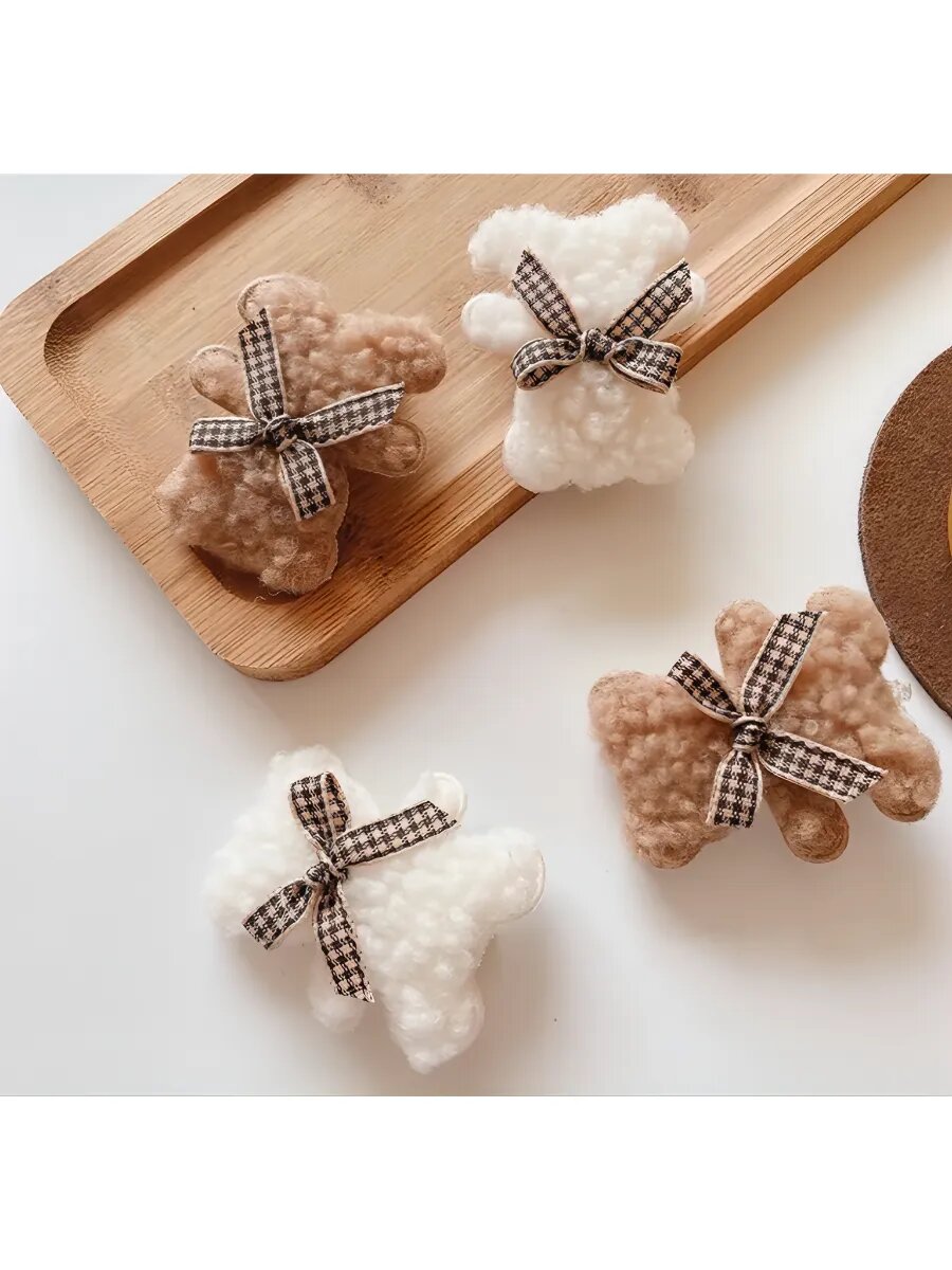 Набор заколок Hand Made "Плюшевый медведь", с бантом, из обработанной вискозы — фото 1
