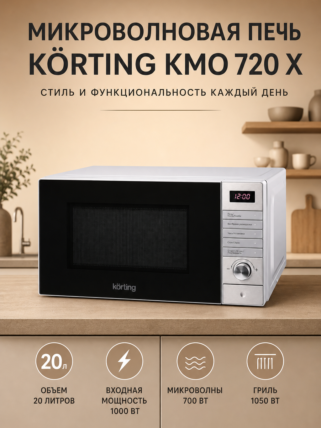 Микроволновая печь Korting KMO 720 X, 700 Вт, гриль 1000 Вт, 20 л, Inox