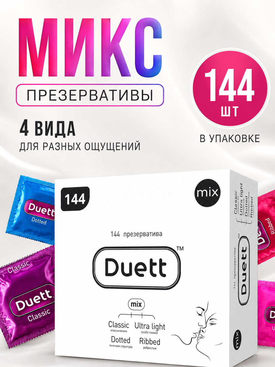 Презервативы Duett Mix 144 штук, презервативы набор микс со смазкой