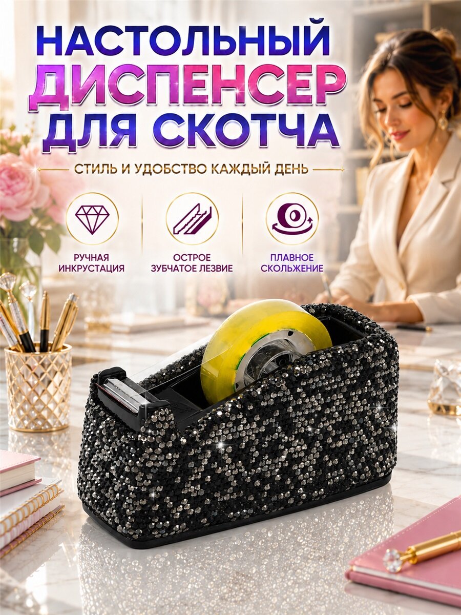 Настольный диспенсер для скотча с ручной отделкой стразами, плавная прокрутка ленты, аккуратная резка при повседневных канцелярских задачах