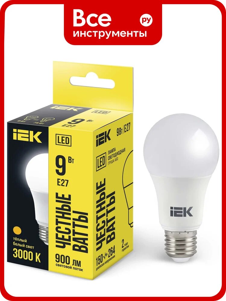 Лампа IEK LED A60, 9вт, 230В, 3000К, E27 LLE-A60-9-230-30-E27, теплый свет, светодиодная лампа для общего освещения