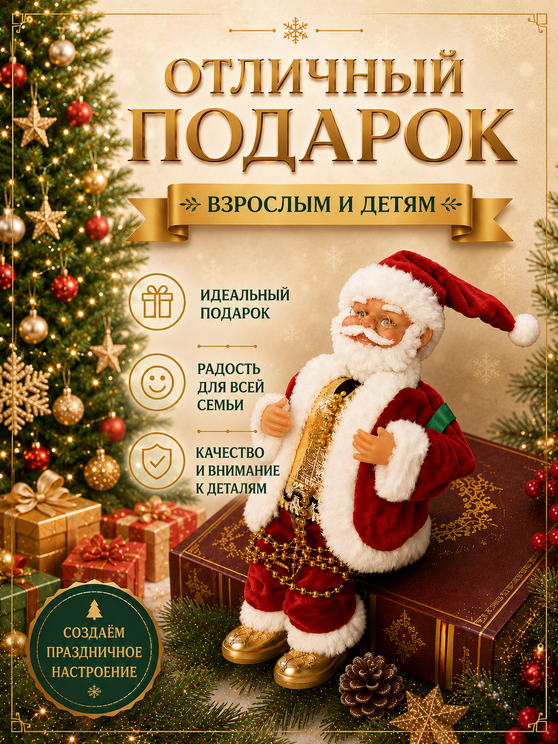 Музыкальный Дед Мороз Vitfishing, воск/пластик/бархат, высота 22 см