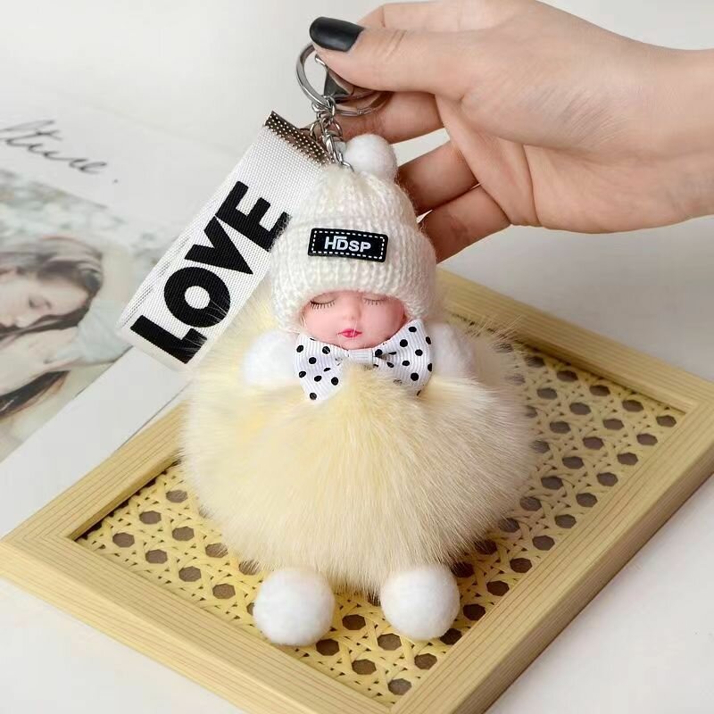 Sleep doll bag tag fox fur with handmade touch for car keyholder and backpack decor, cream yellow