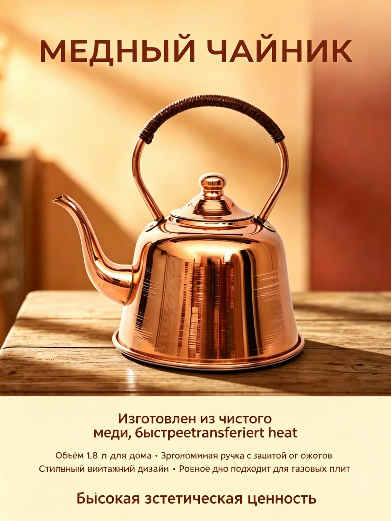 Чайник из чистой меди ручной работы, винтажный медный кувшин для воды и чая, плетёная ручка