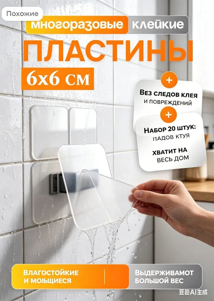 Клейкие пластины двухсторонние многоразовые 20 шт, нано лента прозрачная 6х6 см для крепления без сверления, безмарочный скотч для декора и дома.