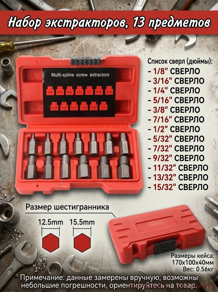 Экстрактор для болтов и сорванных саморезов (вывертыши), набор 13 шт в кейсе, прочная сталь