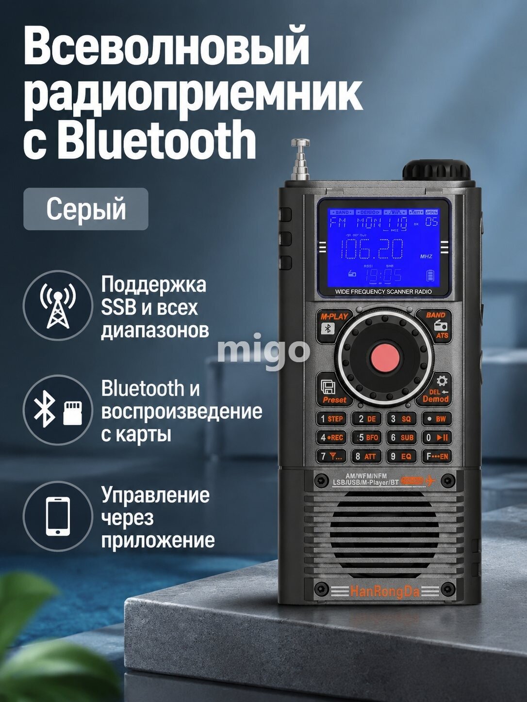Портативный широкополосный радиоприемник HRD-A330 с поддержкой SSB, Bluetooth и TF-картой: FM/AM/SW/LW/AIR/CB/VHF/UHF/WB, серый