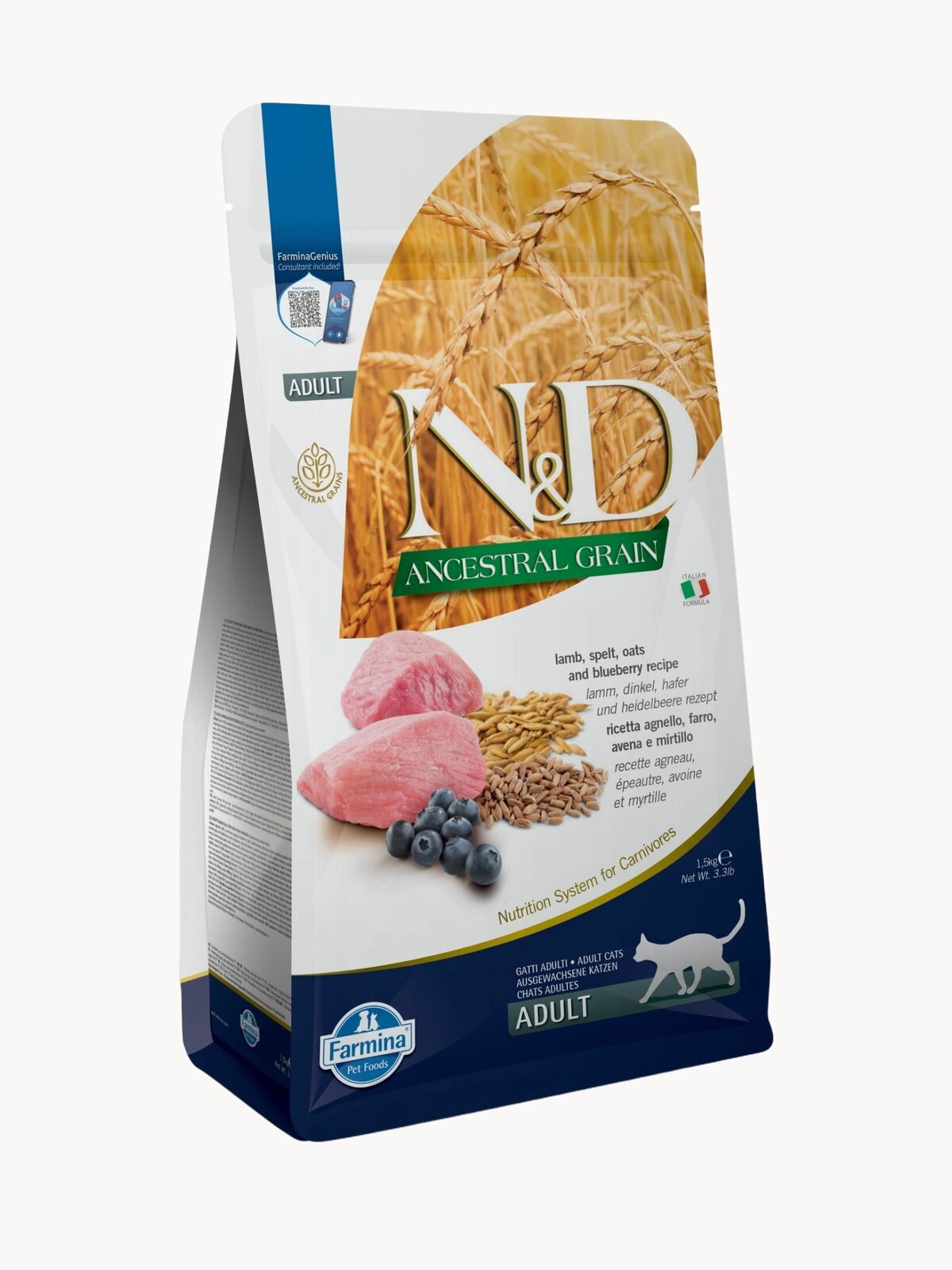 Сухой низкозерновой корм для взрослых кошек всех пород Farmina N&D Ancestral Grain Cat с ягнёнком, спельтой, овсом и черникой, 1,5 кг. Срок годности 26.06.26г.