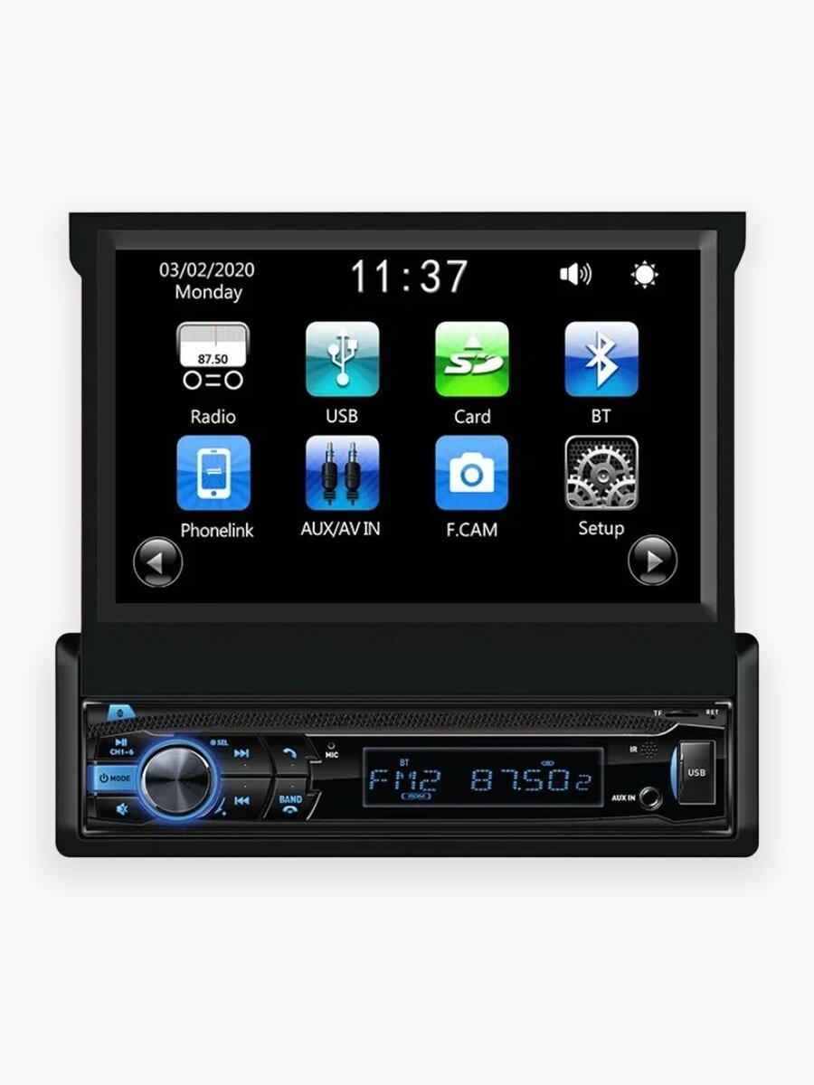 Автомагнитола с выдвижным экраном, автомагнитола 1 дин с выдвижным экраном, bluetooth, USB, AUX, пульт ДУ, поддержка камеры заднего вида
