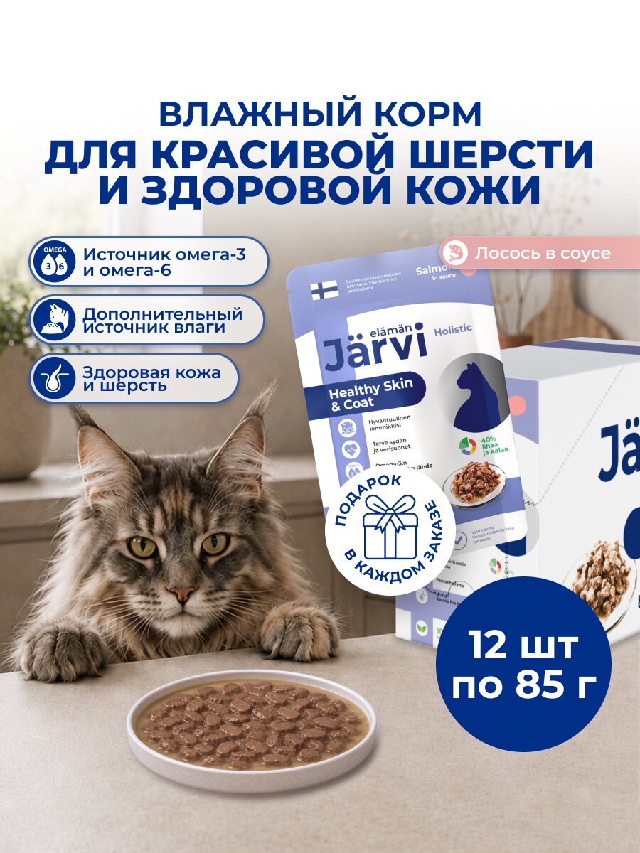 Влажный корм Jarvi для кошек для красивой шерсти и здоровой кожи с лососем (кусочки в соусе), 85 г х 12 шт.