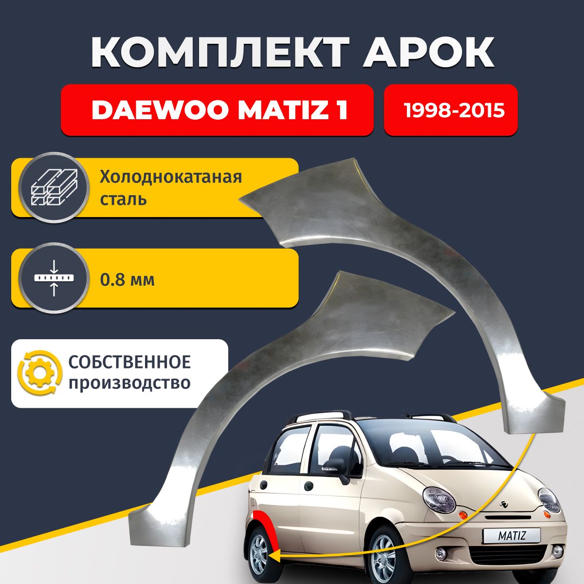 Комплект задних ремонтных арок для автомобиля (2 шт.), Daewoo Matiz 1 1998-2015 г. (Дэу / Деу Матиз 1). Холоднокатаная сталь 0,8мм.