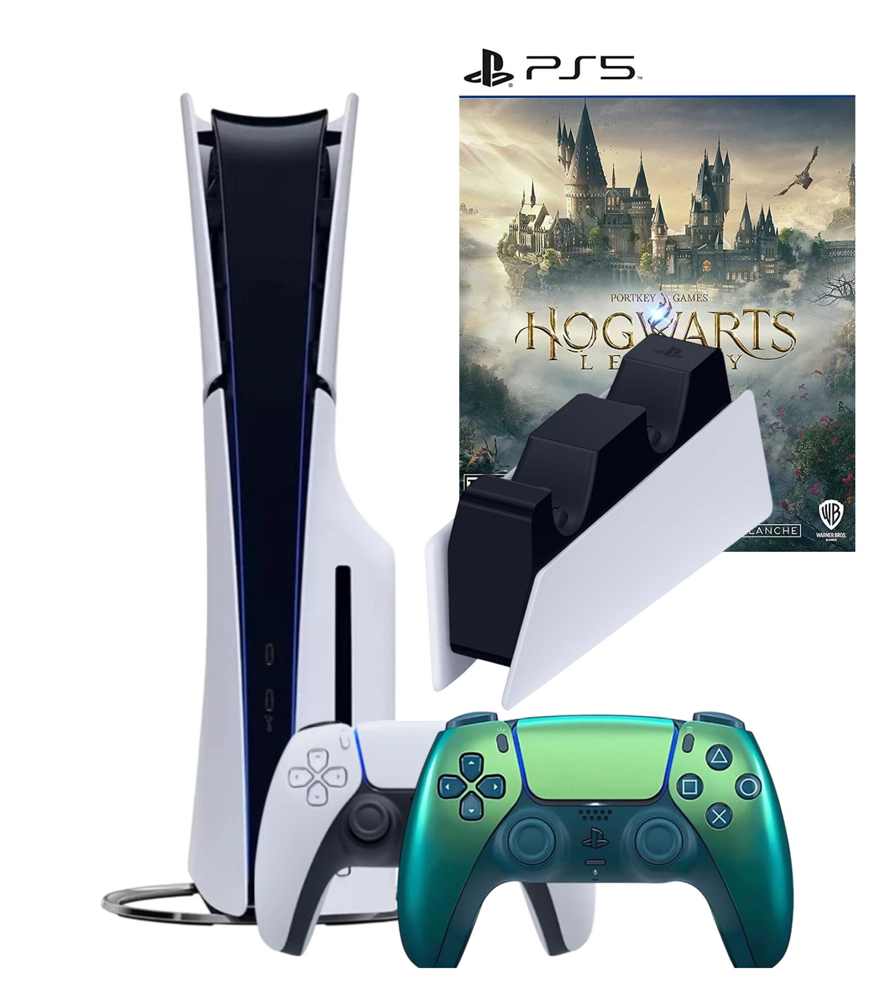 Игровая приставка Sony PS5 Slim + 2й геймпад зеленый хром + игра Hogwarts Legacy + зарядная станция