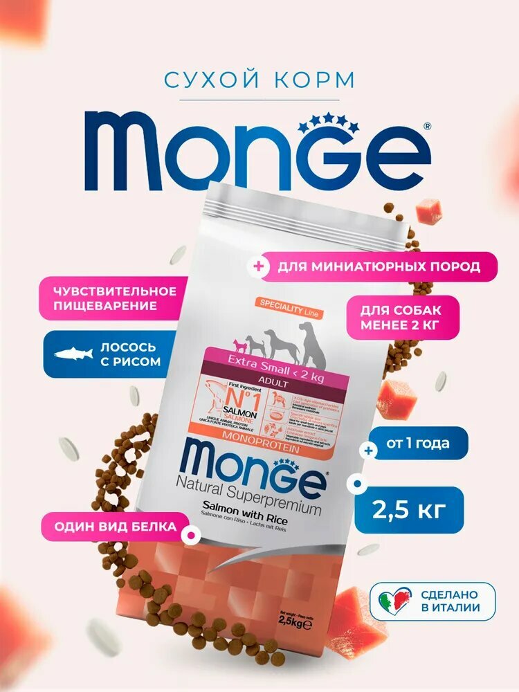 Сухой корм для взрослых собак Monge Dog Speciality Line Monoprotein Extra Small для миниатюрных пород с лососем и рисом 2,5 кг