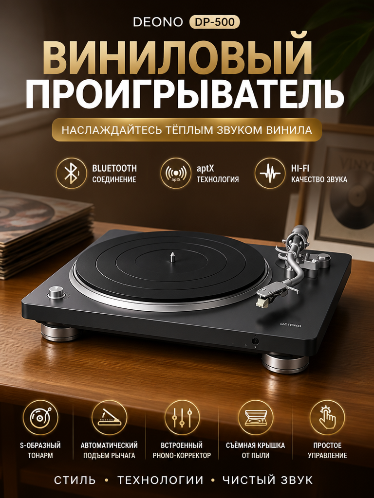 Проигрыватель винила Denon DEONO DP-500BT, Bluetooth, поддержка HEOS, 33/45/78об/мин