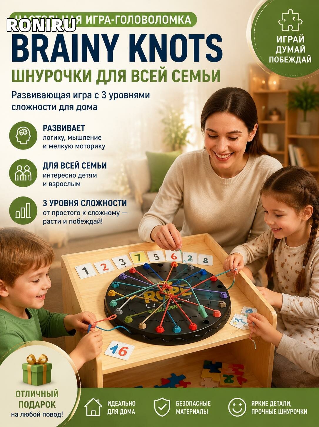Настольная игра-головоломка Brainy Knots — Шнурочки для всей семьи развивающая игра с 3 уровнями сложности для дома