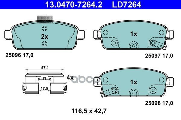 Колодки торм. зад. CERAMIC CHEVROLET Cruze 09->/Orlando 11->, OPEL Astra J 09-15/Mokka 12->/Zafira 11-> Ate арт. 13-0470-7264-2