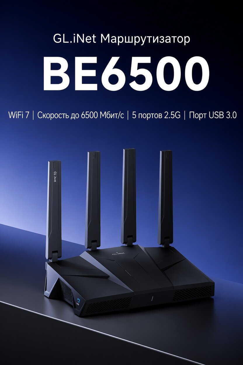 Маршрутизатор GL.iNet - BE6500 WiFi7 Предварительная установка OpenWrt 6500 Mbps 2.5G Гбит