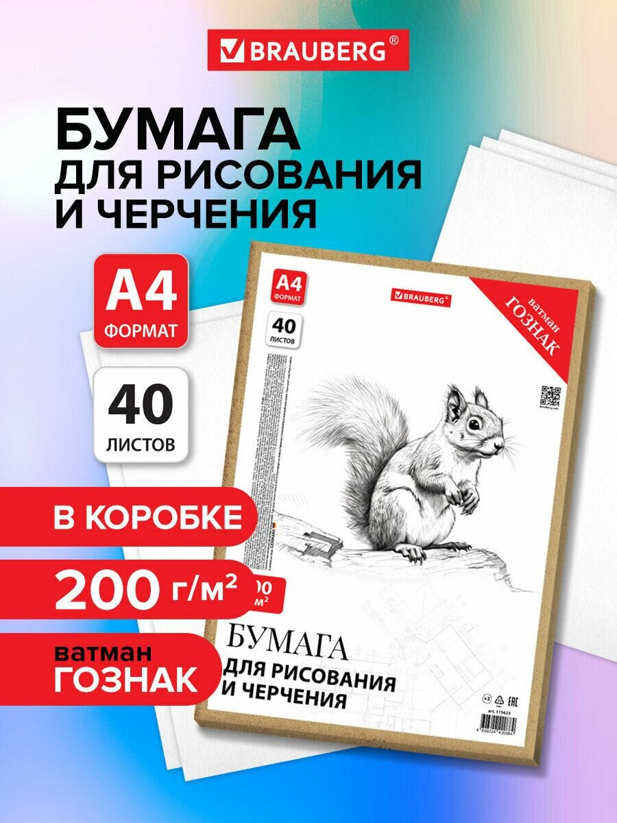 Бумага для черчения, творчества и рисования для школы канцелярская, папка с 40 листами А4 210х297 мм, 200 г м2, ватман Гознак, ватман бумага для рисования чертежная бумага канцелярия