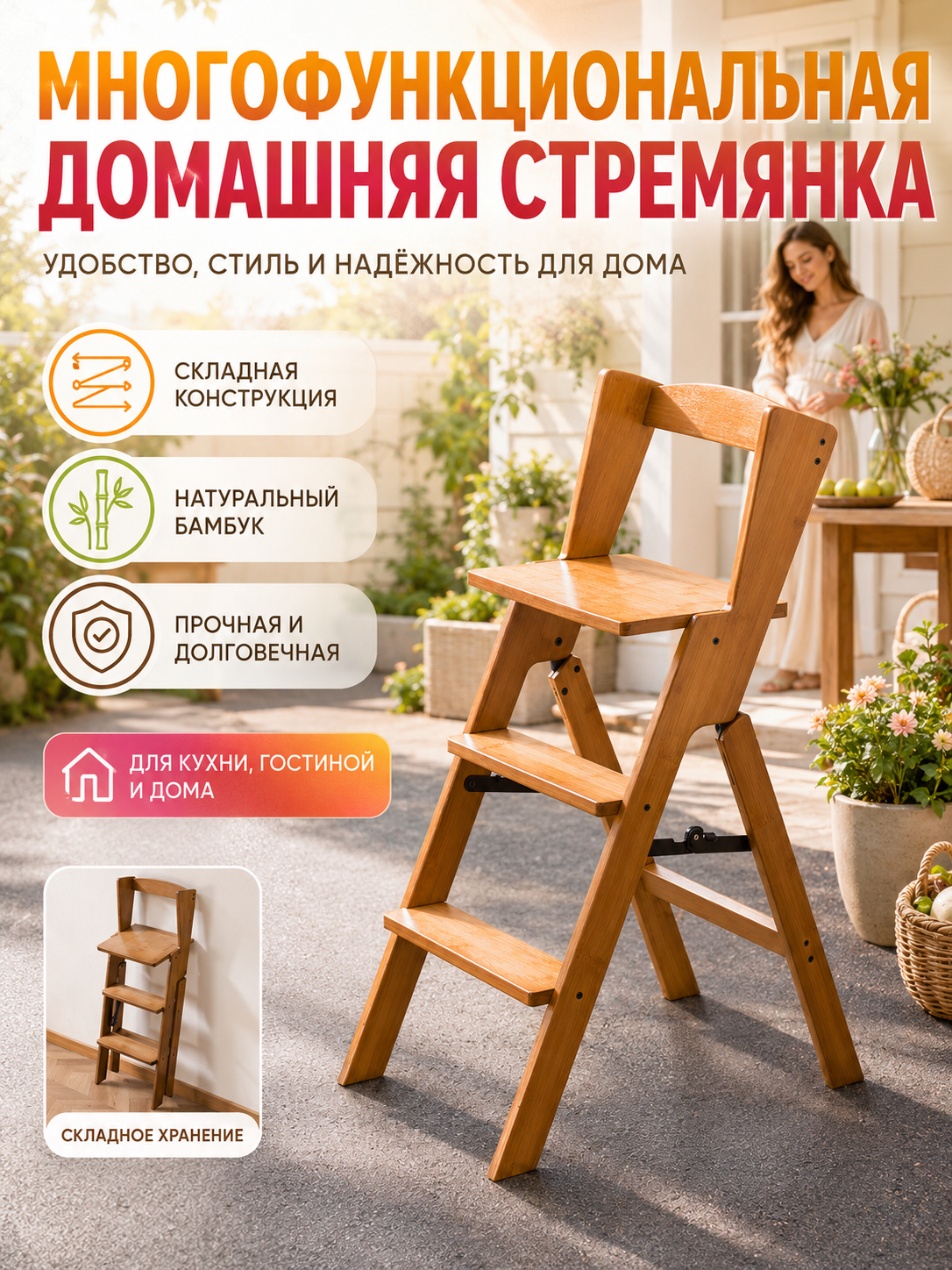 Трехступенчатая из бамбука с спинкой и широким сиденьем, универсальная лестница для кухни и бытовых домашних работ