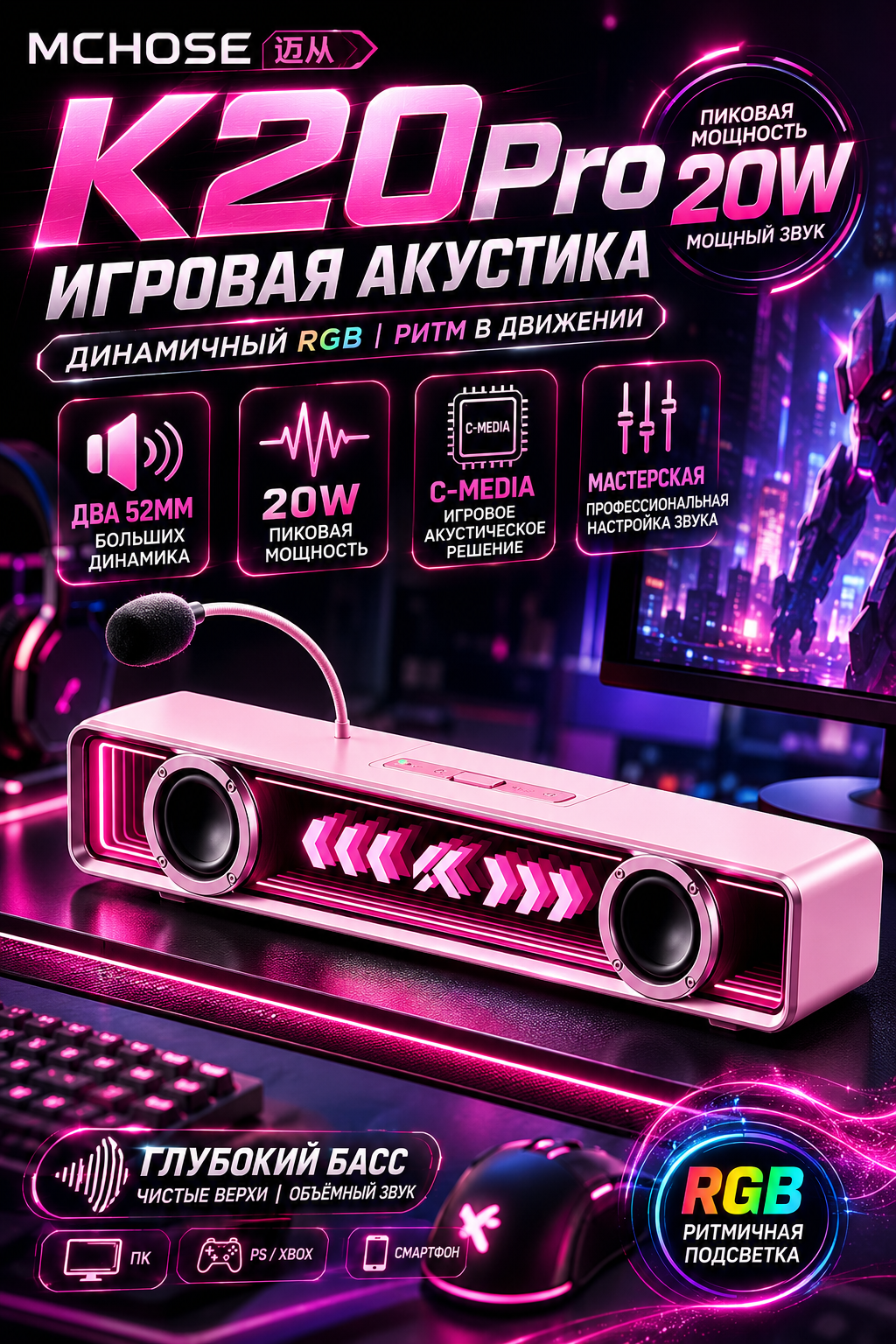 Игровая колонка MCHOSE K20 PRO, съемный микрофон, проводная, Bluetooth, объемный звук 7.1