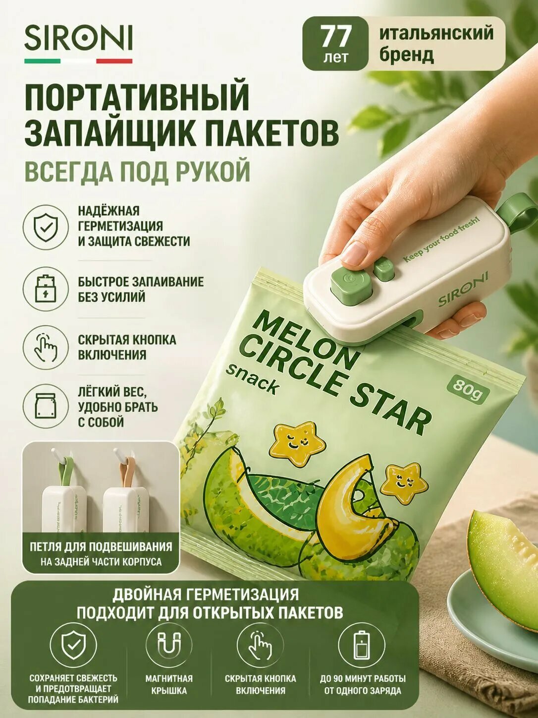 Портативный запайщик SIRONI, магнитный, для мелкоштучных продуктов, 2 шт